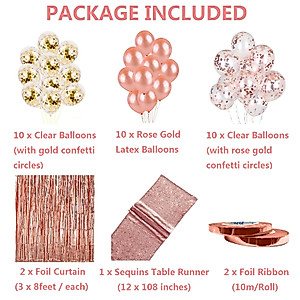 Rose Gold Balloons Party Decorations Supplies Set 35 Pack Include 30 Balloons, 2 Foil Fringe Curtains, 1 Rose Gold Sequin Table Runner, 2 Foil Ribbon for Birthday Party, Wedding,Xmas New Year Festival