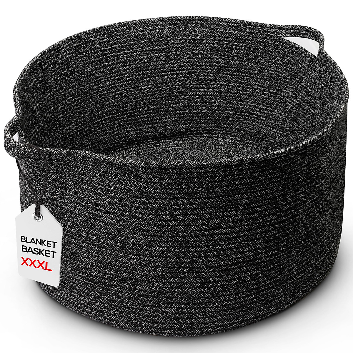 XXXL Large Blanket Basket 22x22x14 inch, Big Woven Basket for Blankets Storage, Throw Blanket Storage for Living Room Organizer, Extra Large Cotton Rope Laundry Blanket Basket for Cloth Storage -Black