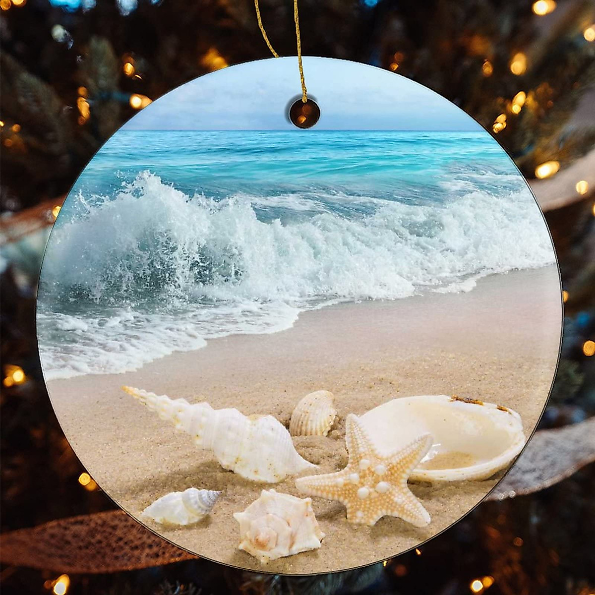 Beach Seashells on Sea Shore 2 PCs Christmas Round Hanging Ceramic Ornament Keepsake, Sign Plaque Tree Decoration with Thick Gold String for Xmas Holidays