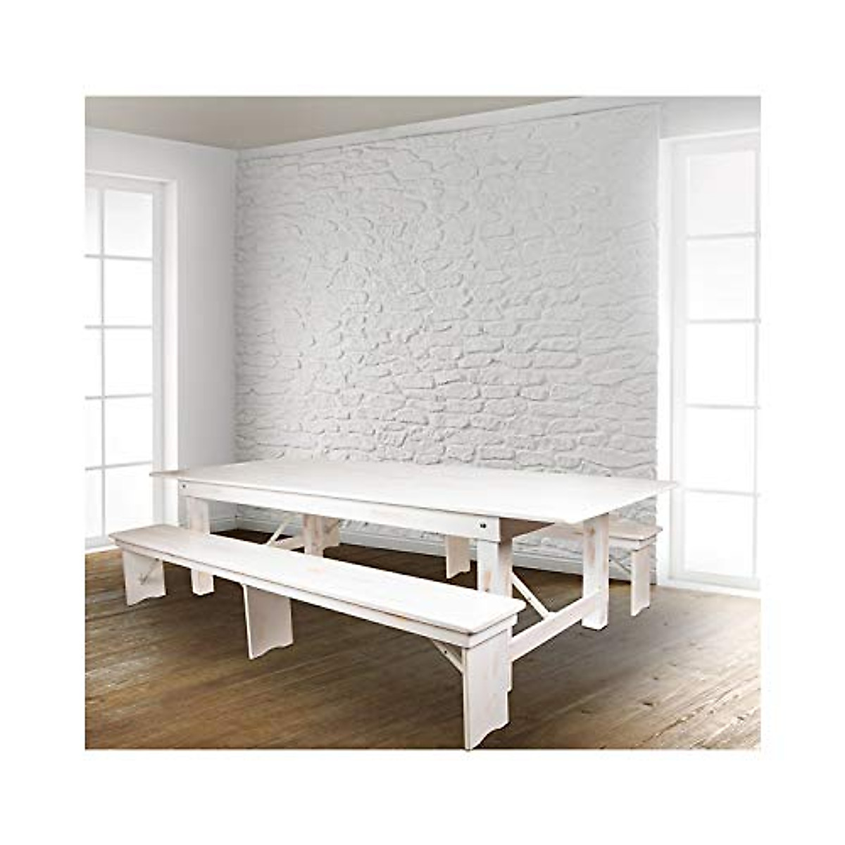 Flash Furniture HERCULES Series 9' x 40" Antique Rustic White Folding Farm Table and Two Bench Set