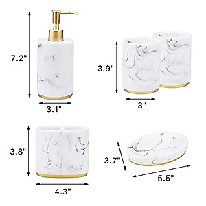 5-Piece Bathroom Counter Top Accessory Set - Dispenser for Liquid Soap or Lotion, Soap Dish, Toothbrush Holder and 2 Tumblers, Gold Base, Marble Pattern Resin (White)