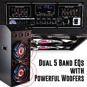 QFX SBX-412207BT TWS Bluetooth Cabinet Speaker with Dual 12" Woofers, LED Party Lights, FM Radio, USB/TF Card Ports, Aux Input, Red