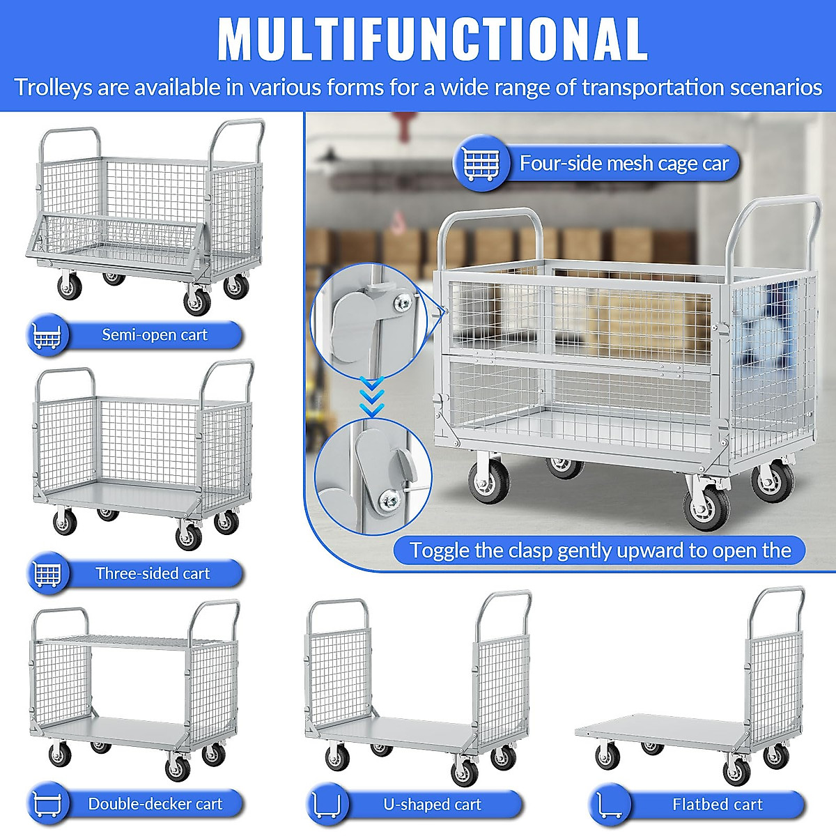 Platform Truck Cart with Cage,5in1 Heavy Duty Flatbed Cart, Foldable Hand Truck Flat Cart, Load 2500LB with 4 Swivel Casters,Multi-Functional Push Cart for Grocery, Laundry, Shelving, Pantry