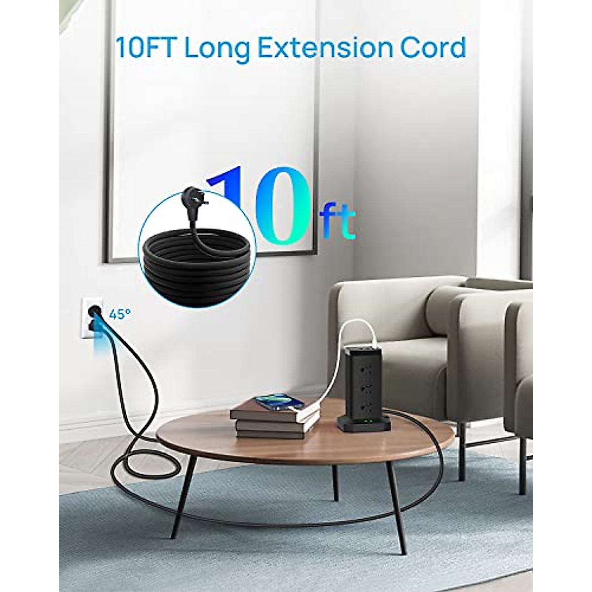 BEVA Power Strip Tower with USB Ports, 10 FT Surge Protector Power Tower, 12 AC and 4 USB Ports, 10 FT Extension Cord with Multiple Outlets, Household Essentials Office Supplies Office Organization