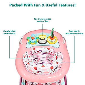 Dream On Me 2-in-1 Convertible Baby Steps Activity Walker in Pink, Adjustable Three Position Height Setting, Removable Tray, Easy to Fold and Store Baby Walker