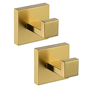 BATHSIR Brushed Gold Towel Hooks, Bathroom Robe Hooks Wall Mounted Coat Hook 2 Pack Stainless Steel