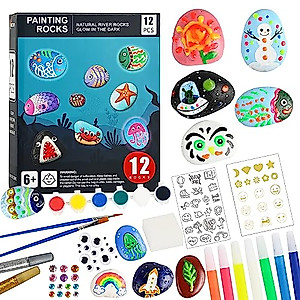 Simetufy 12 Rocks Painting Kit, Glow in The Dark Rocks to Paint, Arts and Crafts for Kids, Smooth Flat Rocks with Art Supplies, Creative Outdoors Activity Kit for Boys Girls, Ages 4-6, 6-8, 8-12+