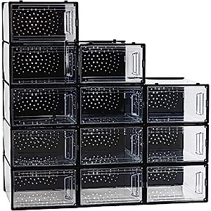 MMBABY 12 Pack Shoe Storage Box Shoe Box Clear Plastic Stackable Shoe Organizer Space Saving Foldable Shoe Container Fit up to US Size 9
