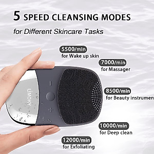 Facial Cleansing Brush, 3-in-1 Electric Silicone Face Scrubber, Vibrating Massager, IPX7 Waterproof, USB Rechargeble Brush for Deep Cleanning, Blackhead Remover, Exfoliating (Gray)