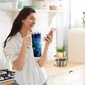 RPLIFE Galactic Bloom Blue 40 Oz Tumbler with Handle and Straw, Stainless Steel Tumbler, Insulated Coffee Mug with Lid