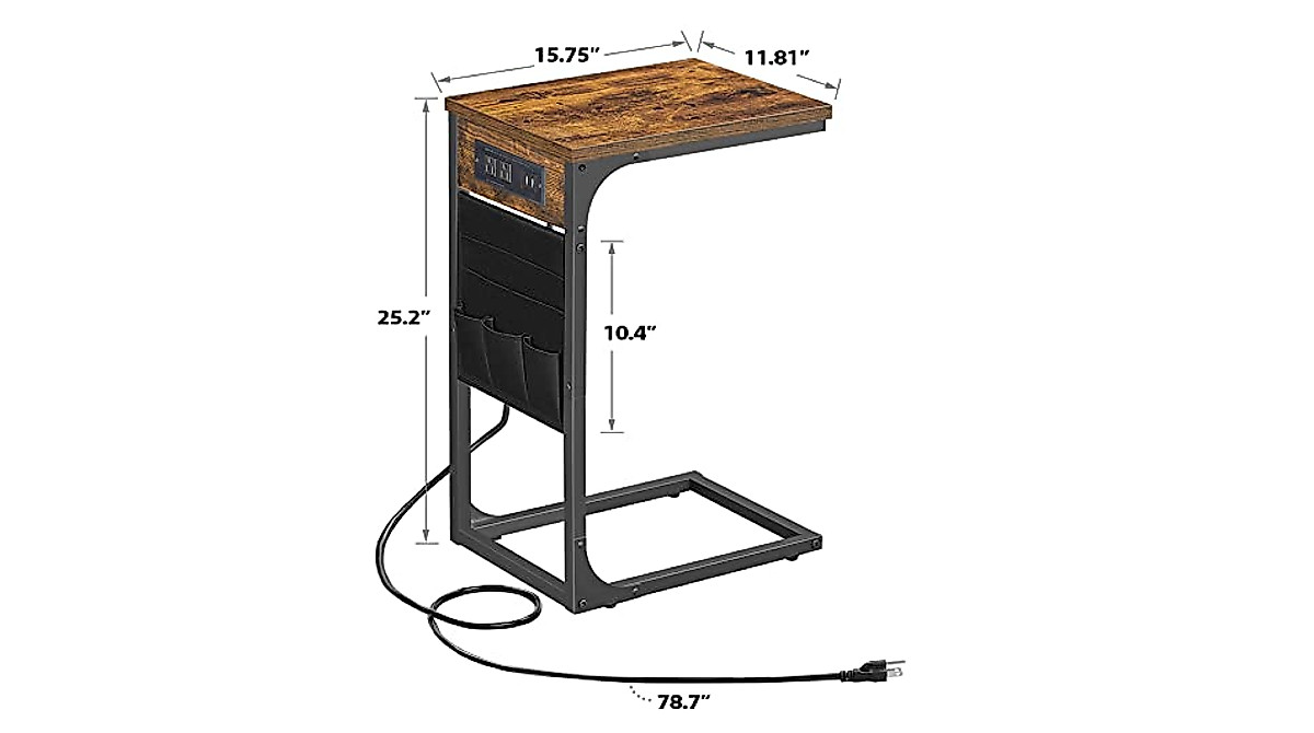 Slim End Table with Charging Station | C-Shaped Snack Table