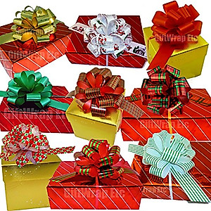 Christmas Gift Pull Bows - 5" Wide, Set of 9, Red, Green, Gold, Stripes, Swirls, Gift Bows, Christmas Presents, Birthday, Boxing Day, Hanukkah, Wreath, Swag, Christmas Tree, Fundraiser