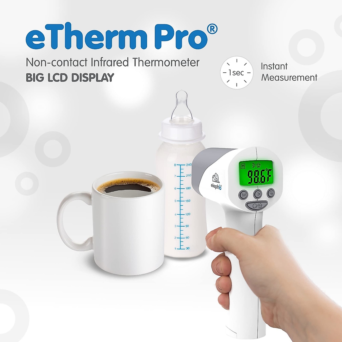 Elepho eTherm Pro Medical Quality Non-Contact IR Forehead Thermometer for Family or Office Use. Instant Body, Object, or Liquid Readings. Large LCD Display. 32 Memory Readings