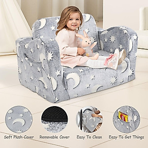 Snowmini Kids &Toddler Couch,Kids Sofa Couch Fold Out,Toddler Chair for Kid 2 in 1,Convertible Sofa to Lounger for Playroom,Baby Couch with Glowing at Night,Grey