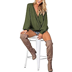 LookbookStore Fall Cute Sweater for Woman 2023 Winter Knit Sweaters Trendy Tops Army Green Long Sleeve Faux Wrap Surplice V Neck Wrap Sweater for Women Pullover Sweater Tunic Top Size M Size 8 10