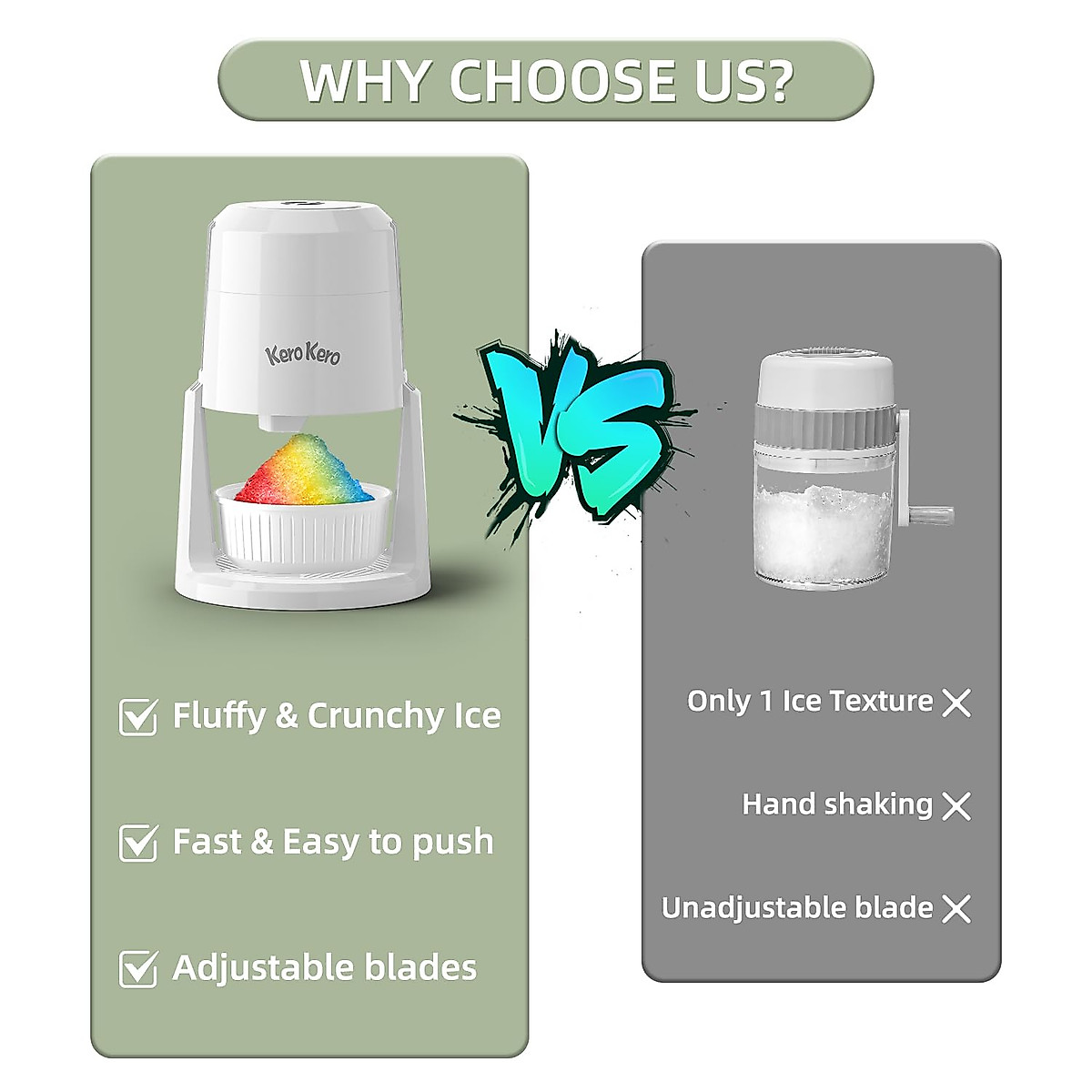 Kero Kero Shaved Ice Machine, Multi-Purpose Ice Shaver Machine with Adjustable Blade, Snow Cone Machine for Homemade Shaved Ice, Slushie Machine, Snowcone Machines for Kid with Reusable Ice Mold.white