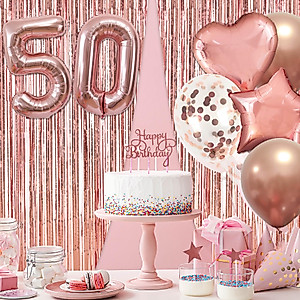 RUBFAC 50th Birthday Decorations for Women, Rose Gold 50 Birthday Party Decoration for Her, Happy 50th Birthday Banner,Fringe Curtain, Sash, Cake Topper And Number Balloon