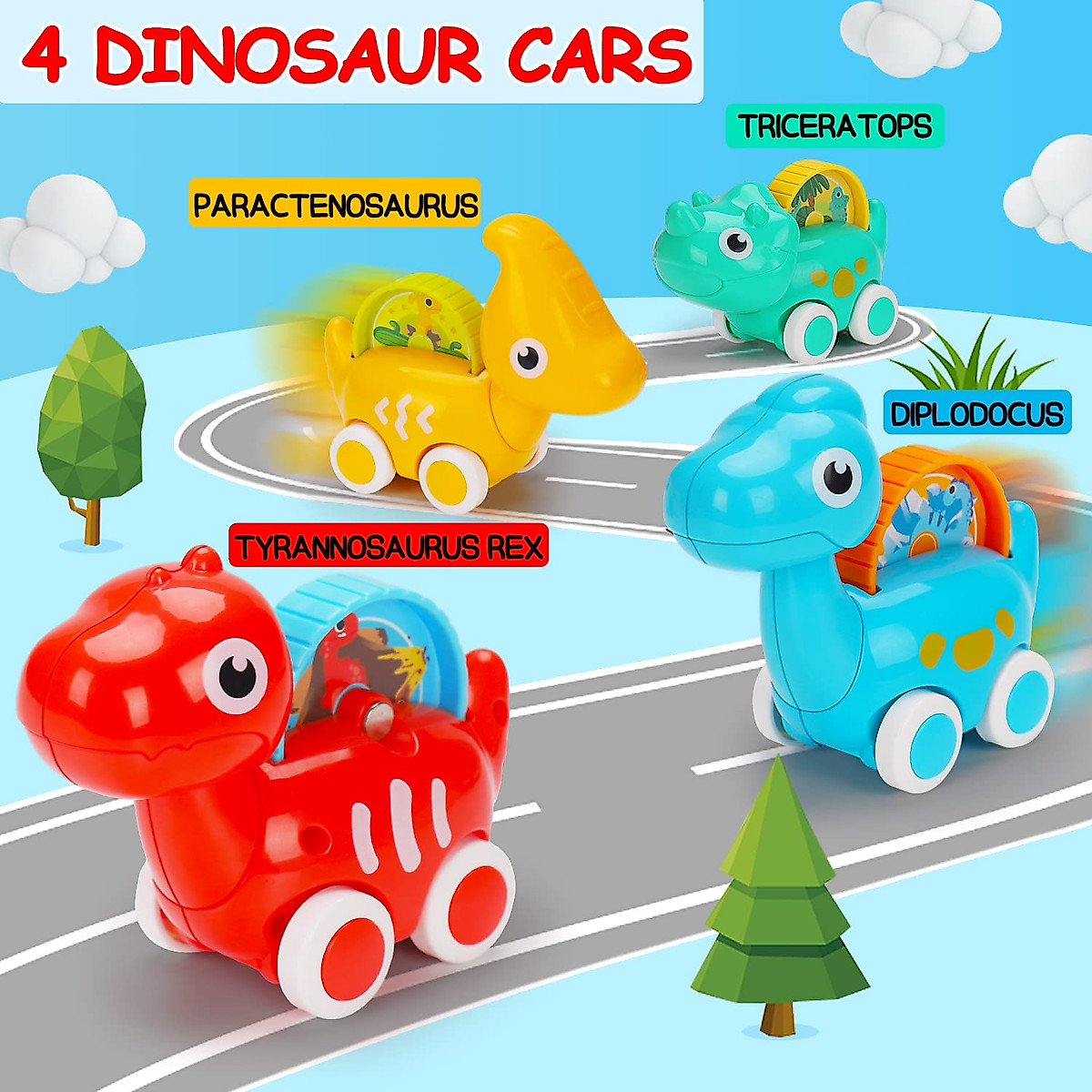 Dinosaur Cars Toys for 1 Year Old Boys Girls 4 Vehicle with Play Mat/Storage Bag Early Educational Infant Toys 6 9 Month Baby Toys 12-18 Month Birthday Gift for One Year Old Boy Toddler Toys Age 1-2