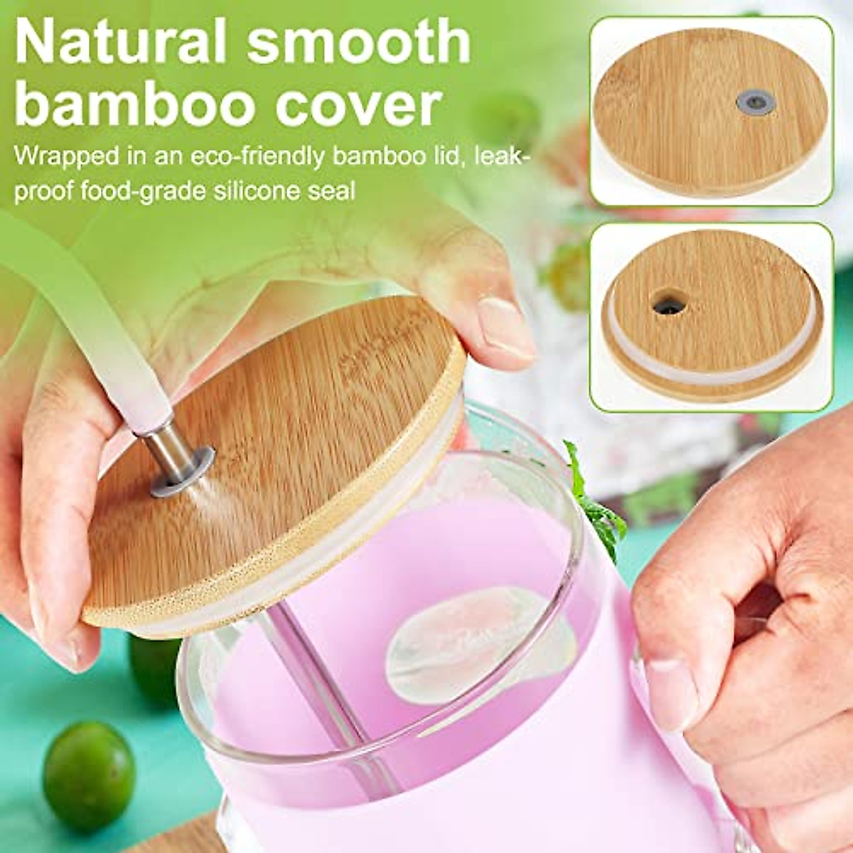 Glass Tumbler Cup with Silicone Sleeve, 32oz Water Bottle Tumbler w/ Bamboo Lid and Straw- Easy to Grip, Leakproof Glass Tumbler Mug Drinking Glass Cups, Dishwasher Safe for Travel Home Coffee (Pink)