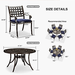 PURPLE LEAF Outdoor Dining Set Cast Aluminum 7-Piece Patio Furniture Set with 6 Dining Armchairs and 47" Round Table, 6 Cushions Included, for Lawn Yard Garden, Lattice Navy Blue Patio Dining Set