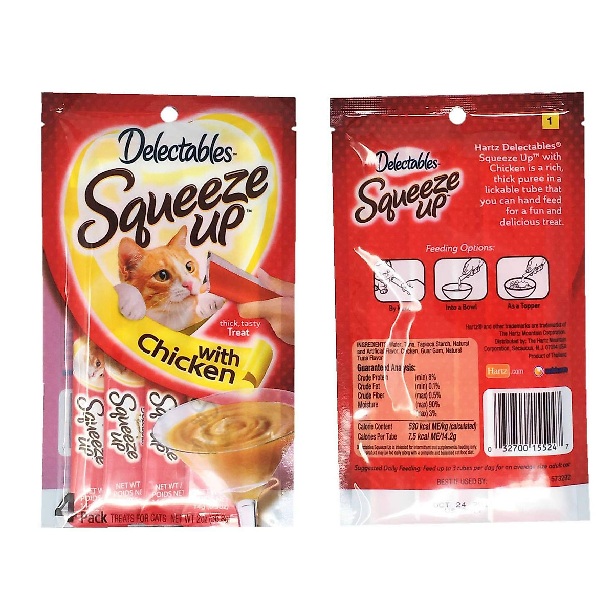 Delectables Hartz Squeeze Up Cat Treats Variety 4 Pouch Bundle of 2 Flavors; 2 Pouches of Each Flavor (2.0 oz Each) (Chicken, Tuna)