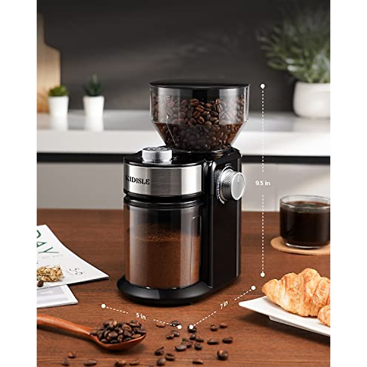 KIDISLE Electric Burr Coffee Grinder2.0, Automatic Flat Burr Coffee for French Press, Drip Coffee and Espresso, Adjustable Burr Mill with 16 settings, 14 Cup, Stainless Steel