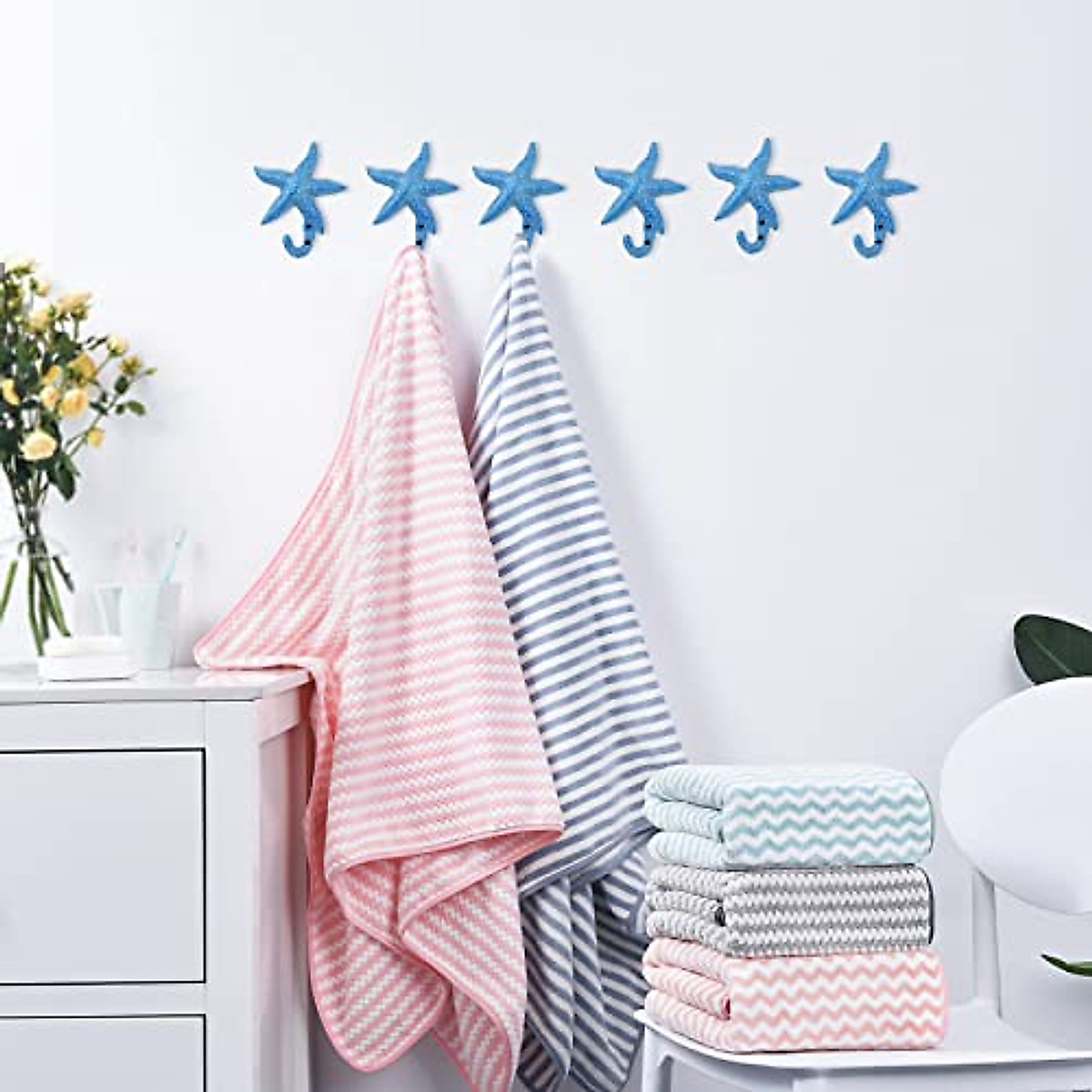 Set of 6 Starfish Cast Iron Wall Hooks Sea Star Decorative Wall Hook Antique Blue Outdoor Towel Hooks Starfish Decorative Coat Hooks for Aprons Hats Keys Bathroom Kitchen