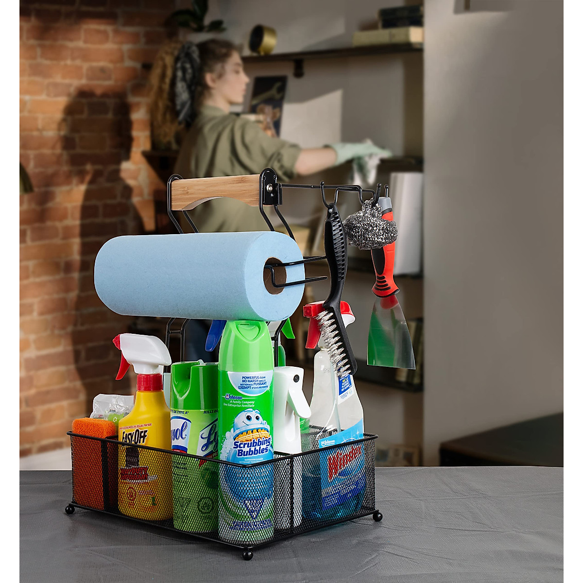 BBQ Caddy Grill For Organizing Utensils, Paper Towels, Accessories, Condiments, Kitchen Tools, Camping, Picnic, Outdoor Grilling, Heavy Duty Steel Frame Mesh Finley Crafted Bamboo Wood Carrying Handle