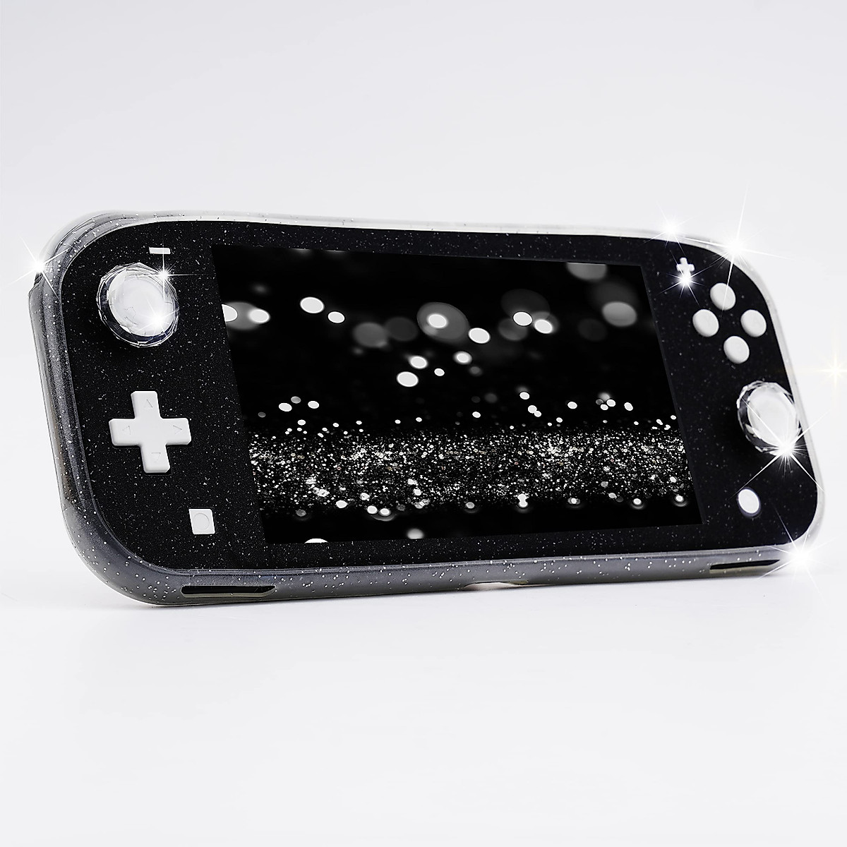 BelugaDesign Glitter Switch Bundle | Clear Snap on Case, Vinyl Wrap, Crystal Thumb Grips | Shiny Cute Pastel Accessories | Compatible with Nintendo Switch (Switch Lite, Black)