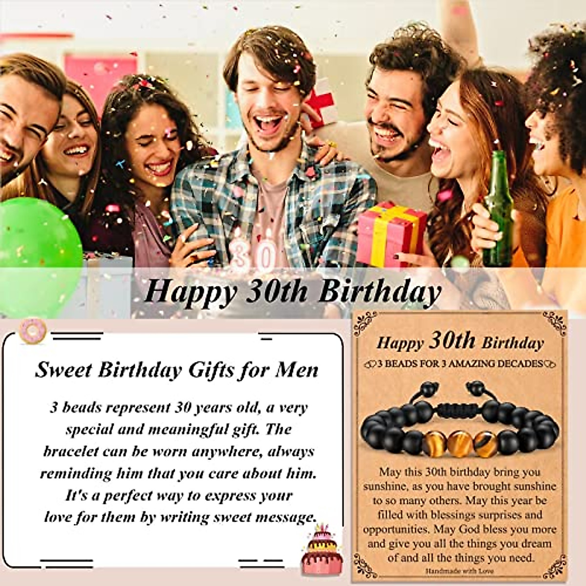 MONOZO 30th Birthday Gifts for Him, 30th Birthday Decorations for Him, 30 Year Old Birthday Gifts for Men, Natural Stone Bracelet Happy Birthday Gifts for 30 Year Old Men Him Dad Boyfriend Son