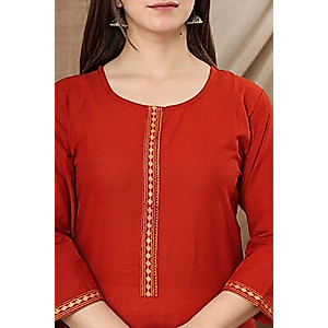 Chandrakala Women's Rayon Tunic Top Lace Work 3/4th Sleeve Straight Kurti Kurta,Large,Red (K217RED3)