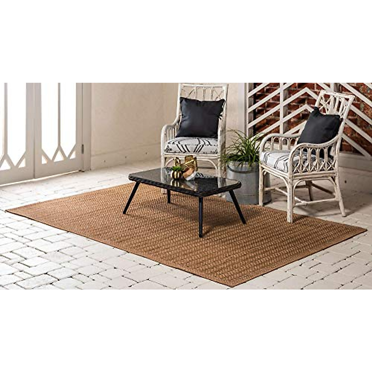 Unique Loom Outdoor Border Collection Transitional Indoor & Outdoor Casual Striped Tonal Border Area Rug (6' 0 x 9' 0 Rectangular, Light Brown/ Olive)