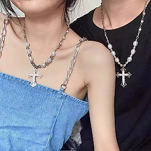Y2k Necklace Gyaru Goth Necklaces Fairy Grunge Jewelry Pearl Necklace with Cross for Women Coquette Aesthetic Cyber Emo Alt Necklaces for Women