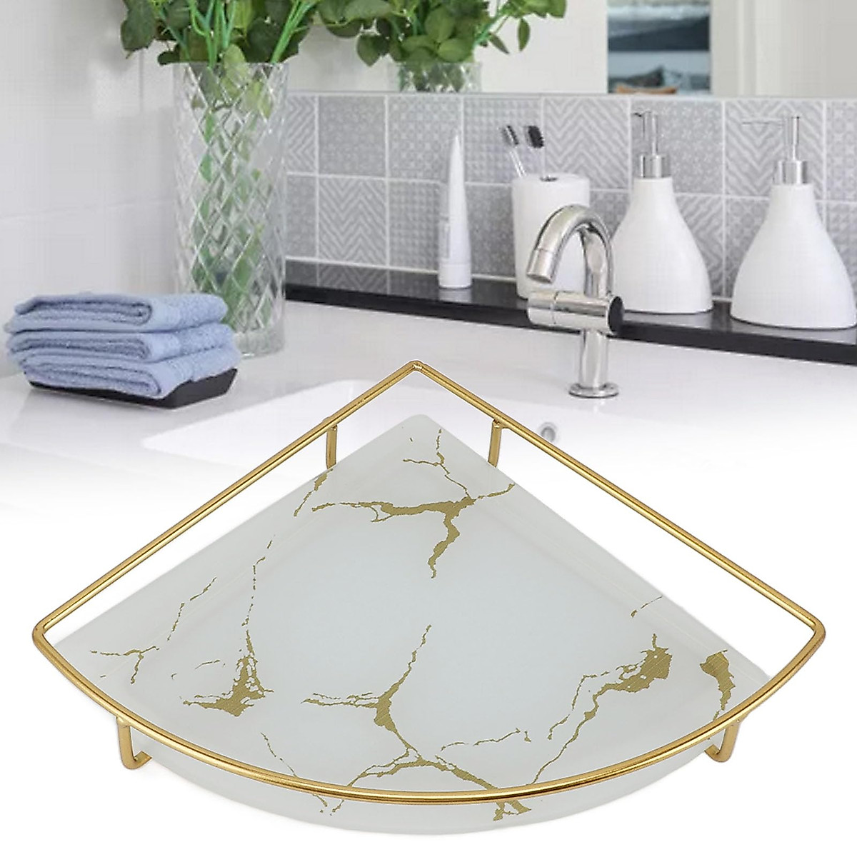 Bathroom Organiser Tray, Bathroom Storage Tray Light Luxury Decorative Golden Texture Corner Bathroom Tray Triangular Bathroom Organizer for Towel Paper Napkins Jewel (White)