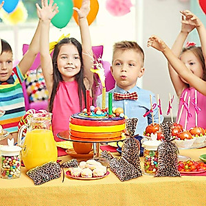 100 Pieces Leopard Print Treat Bags Leopard Candy Bags Easy to Seal Animal Print Cellophane Cookie Bags with 1 Roll Brown Fabric Ribbon for Zoo or Jungle Party Supplies