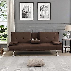 Anwickhomk Modern Upholstered Convertible Folding Futon Sofa Bed, Convertible Sleeper Sofa, Couch, Loveseat with Metal Legs,2 Cupholders,Removable Armrests for Compact Living Space (Brown)