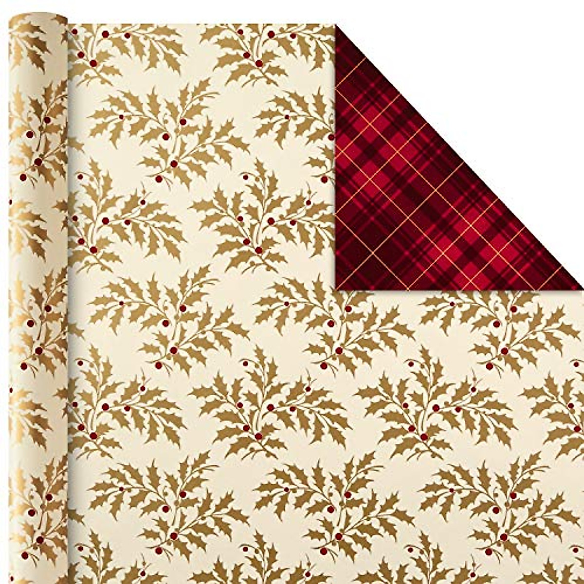 Hallmark Reversible Christmas Wrapping Paper Set with Ribbon and Gift Tag Stickers (Traditional Red and Gold, 3 Rolls of Wrapping Paper and Ribbon)