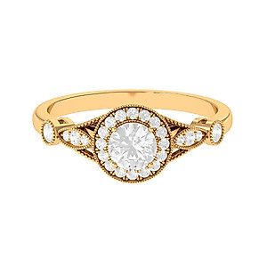 Rosec Jewels Certified White Sapphire Antique Engagement Ring with Milgrain Details | 1 CT | AAA Quality, 14K Yellow Gold, Size:US 7.00