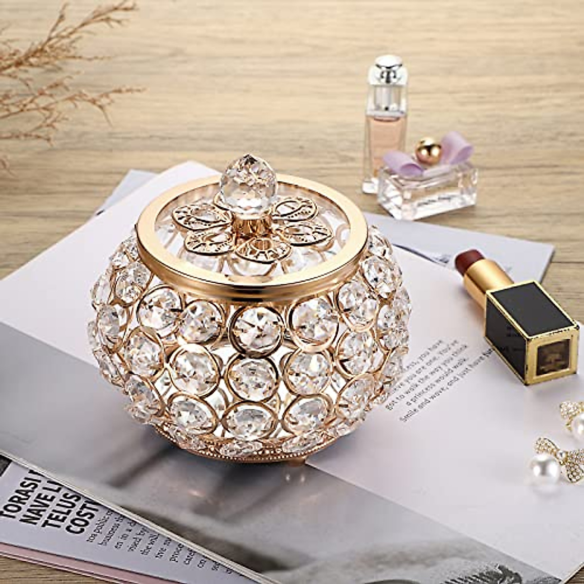 Hipiwe Crystal Jewelry Box with Glass Lid Small Trinket Organizer Mirrored Treasure Box Ring Holder Earrings Necklace Storage Box Keepsake Gift Box for Home Dresser Decor, Gold