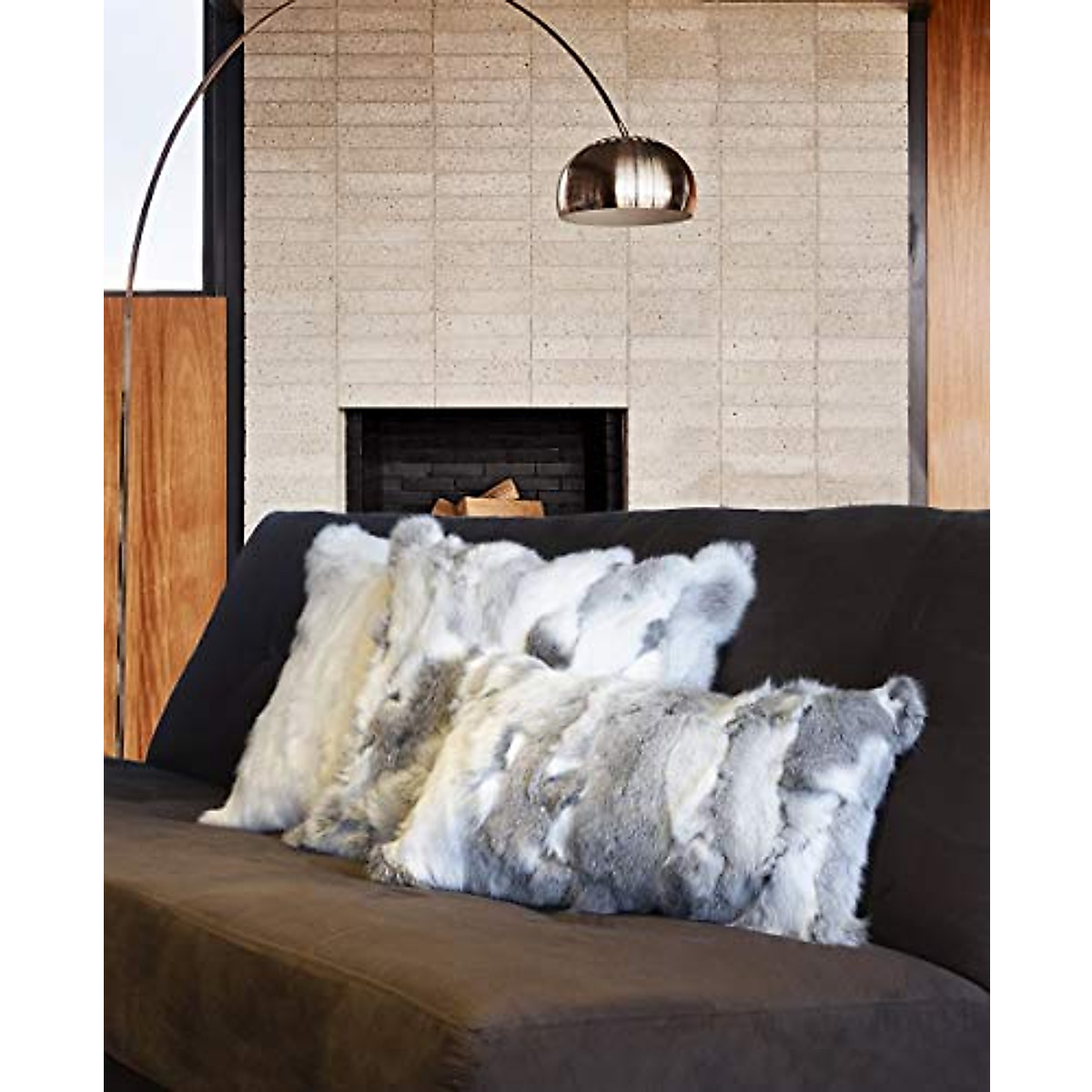 Natural Fur Throw Pillow Cover with Soft Poly Insert | Handcrafted Fluffy Decorative Pillow with Real Rabbit Fur, Grey, 12 in x 20 in