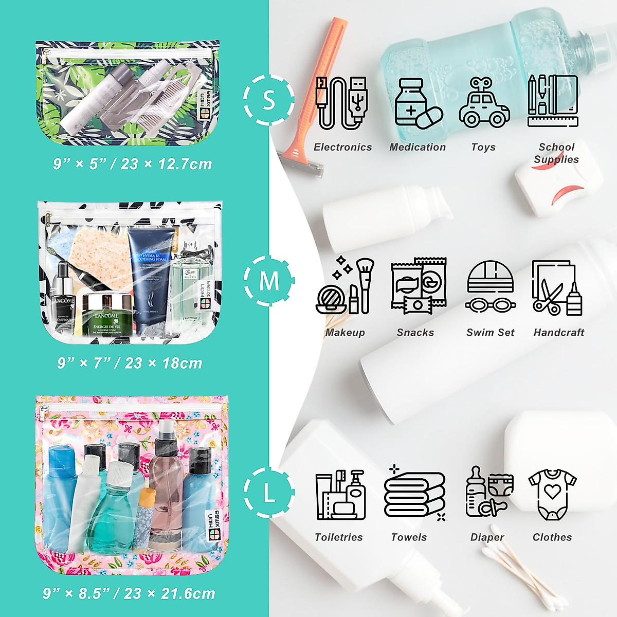 HIONXMGA TSA Approved Toiletry Bag, Set of 3 Clear Travel Toiletry Bag Quart Size Zipper Travel Pouch, Waterproof Makeup Cosmetic Bag for Women Men Kids Toiletries Carry on, Sailing