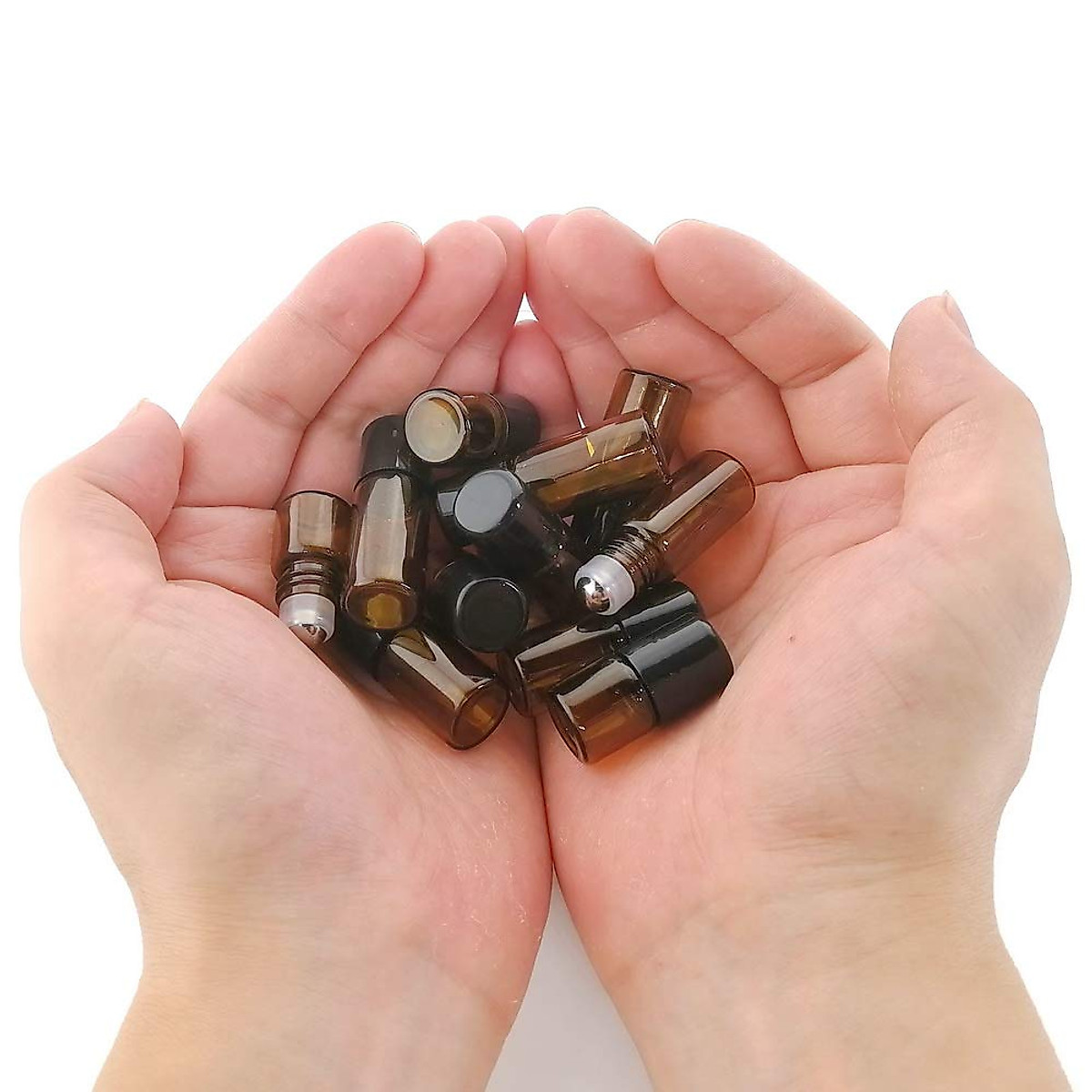 USRommaner 50 Pack 1ml Amber Glass Vials Roll On Bottle,Glass Roller Bottle With Stainless Steel Roller Ball,Black Cap Lid-Perfect Sample For Essential Oils,Aromatherapy,No Leak,Free Opener&Dropper