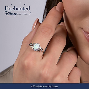Jewelili Enchanted Disney Fine Jewelry Sterling Silver 8X6 MM Created Opal and 1/10 Cttw Natural White Round Diamond Cinderella Ring, Size 9