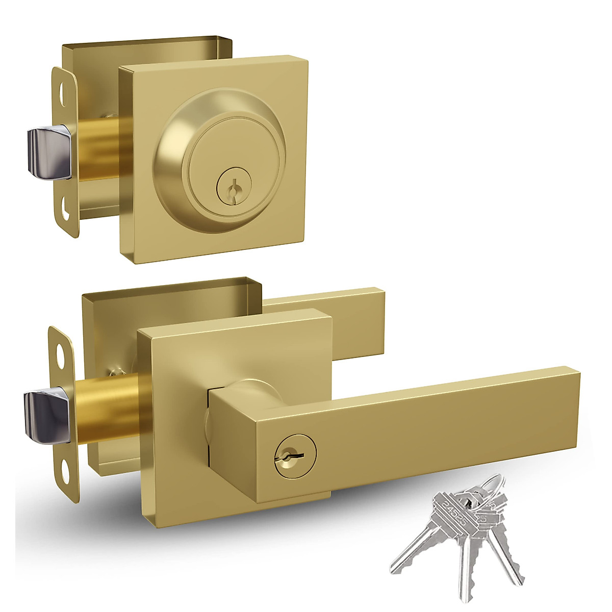 Mega Handles Entry Combo I Entry Lever Door Handle and Single Cylinder Deadbolt Lock and Key Combo Pack - Heavy Duty Square Locking Lever Set for Left or Right-Handed Doors - Satin Brass