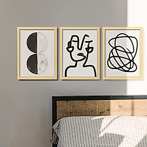 ArtbyHannah 11x14 Framed Abstract Wall Art Set of 3 with Minimalist Black Line Prints for wall decor