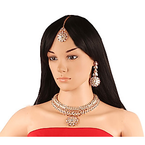 Touchstone gold tone Indian Hollywood Mughal era Kundan look fuchsia color bridal jewelry necklace set