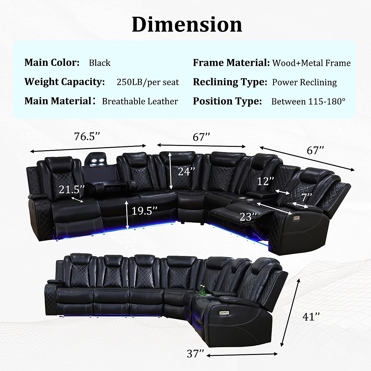 Power Recliner Sectional Sofa with LED, Breathing Leather Power Reclining Sofa Set, Sectional Reclining Couch with USB Port/Cup Holder/Storage for Living Room (Black)