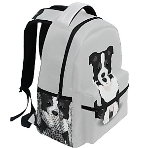 Pfrewn 17 Inch Kids Dog Grey Backpacks for Girls Boys Border Collie Puppy Travel School Backpack for Students School Teens