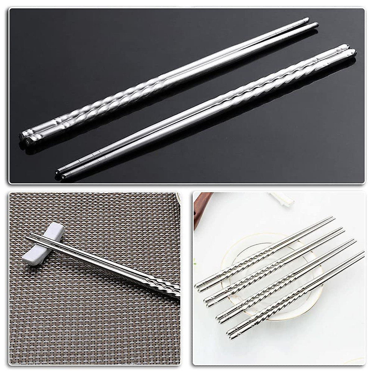 8 Pairs Reusable Chopsticks Stainless Steel Metal Chop Sticks Finger Multipack Threaded Japanese Chinese Korean Chopstick Dishwasher-Safe