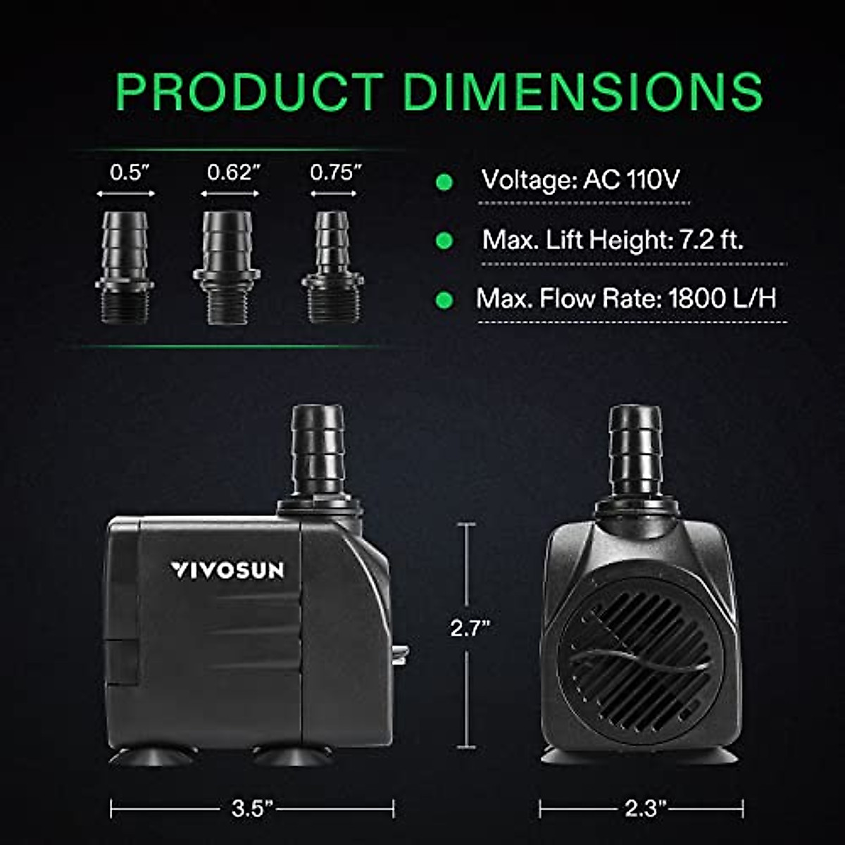 VIVOSUN 480GPH Submersible Pump(1800L/H, 25W), Ultra Quiet Water Pump with 7.2ft High Lift, Fountain Pump with 5ft Power Cord, 3 Nozzles for Fish Tank, Aquarium, Statuary, Hydroponics